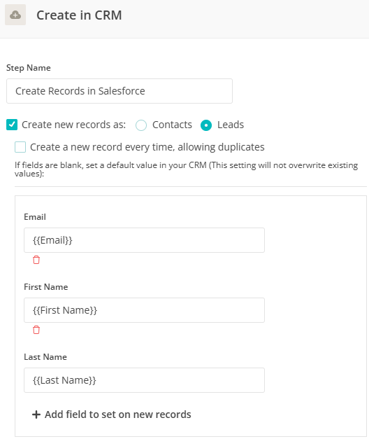 Create in CRM Step - Salesforce – Act-On Connect Home