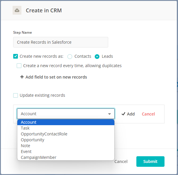 Create in CRM Step - Salesforce – Act-On Connect Home