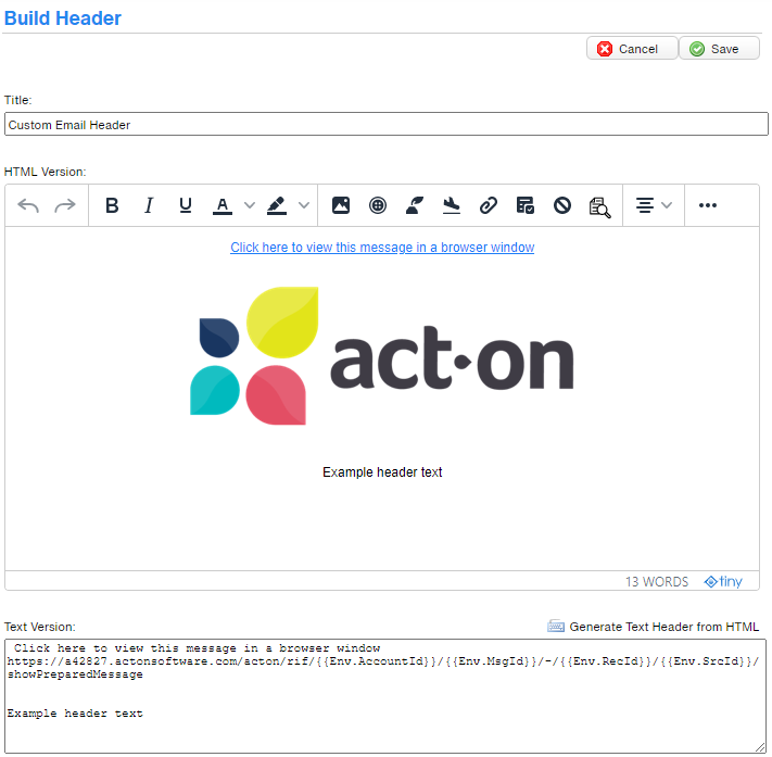 Create Custom Email Headers – Act-On Connect Home